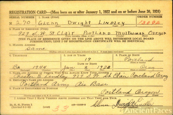 Glenn Dwight Lindley Draft Card