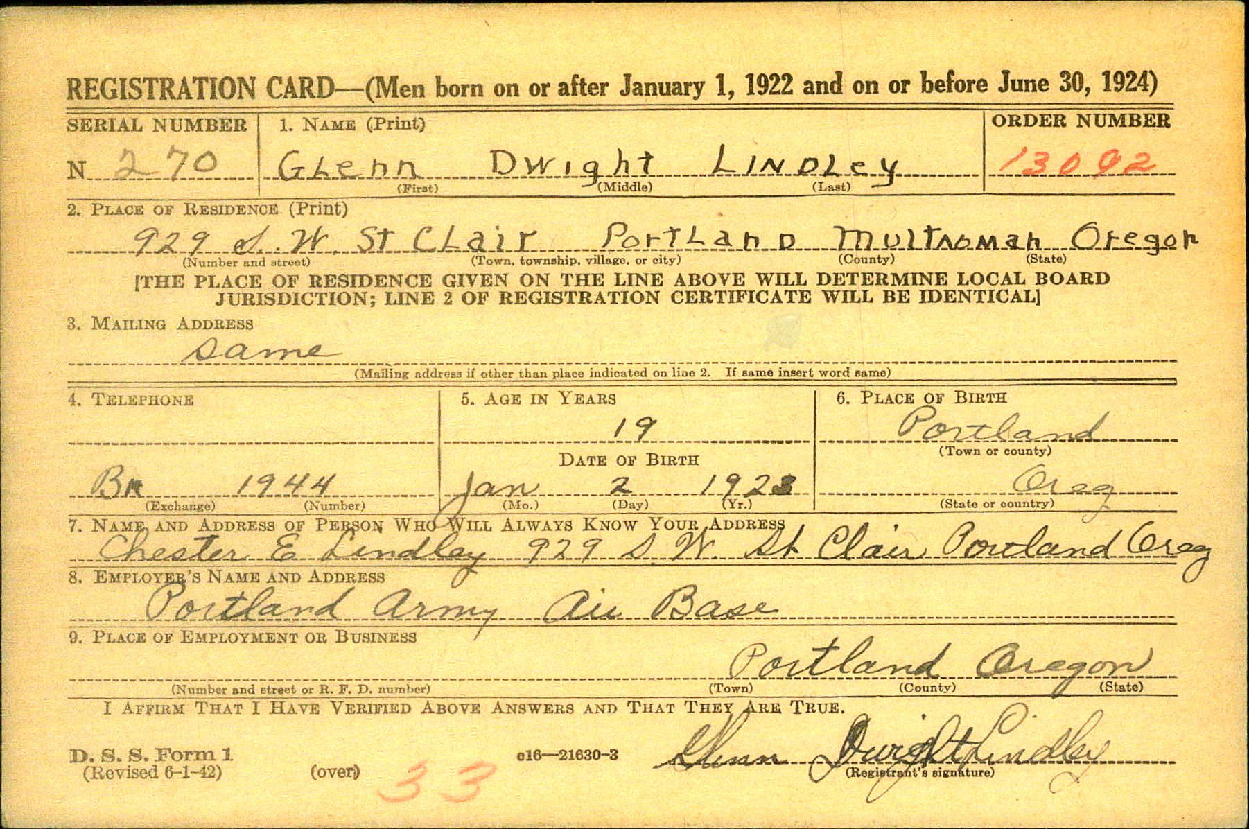 Glenn Dwight Lindley Draft Card