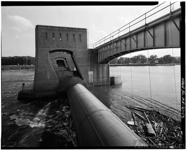 13. VIEW OF DAM ROLLER GATE, HEADHOUSE AND DAM BRIDGE,...