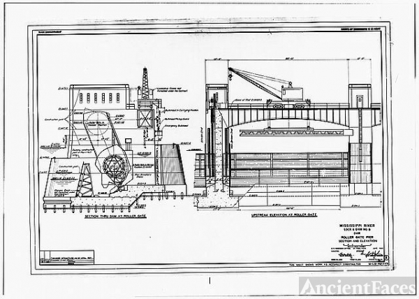 93. DAM - ROLLER GATE PIER - SECTION AND ELEVATION...
