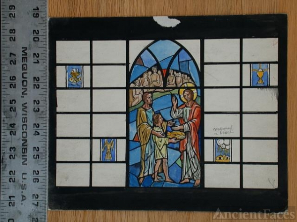 [Design drawing for stained glass window showing Miracle...