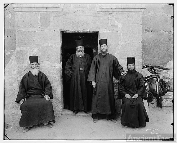 Sinai. Greek monks at the modern entrance [Monastery of...