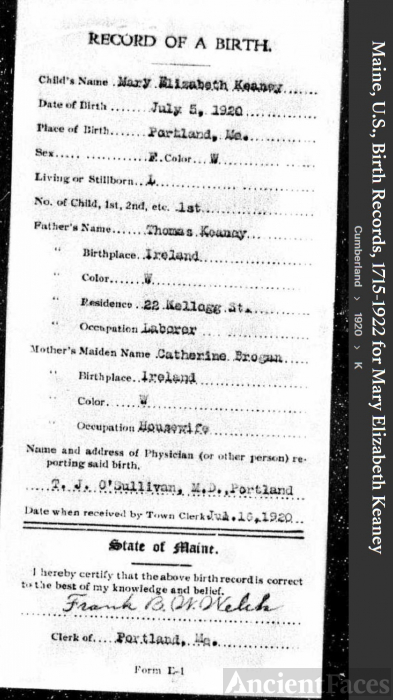 Mary Elizabeth Keaney-Welch-DePaulo--Maine, U.S., Birth Records, 1715 ...