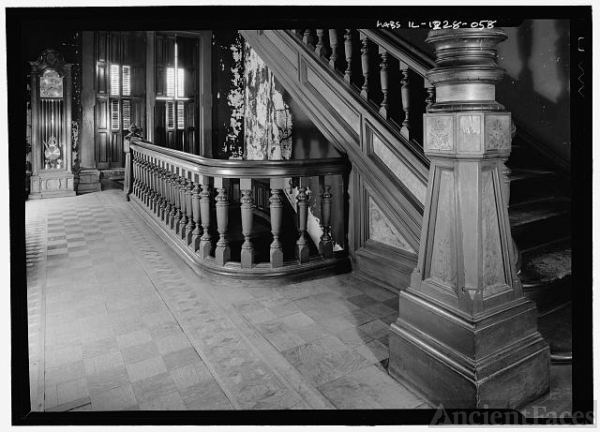 Second floor, stairway, newel post, railing, parquet, and...