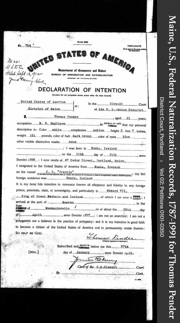 Thomas William Pender Sr--Maine, U.S., Federal Naturalization Records ...