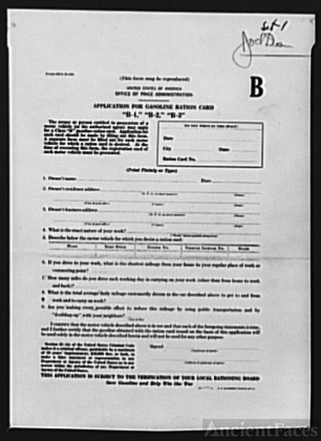 Application for gasoline ration cards B1, B2, B3. B cards...