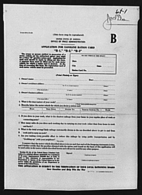Application for gasoline ration cards B1, B2, B3. B cards...
