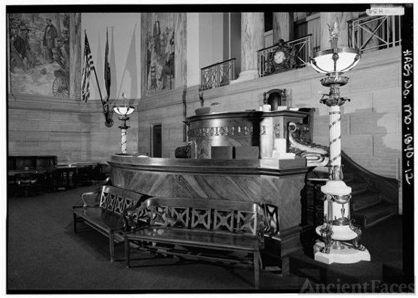 12. DETAIL VIEW OF PODIUM, SENATE CHAMBER; MURAL TO LEFT...