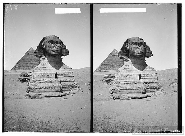 Egyptian views; The pyramids of Gizeh. Full face view of...