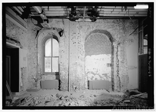 Interior view, wall construction detail, with scale