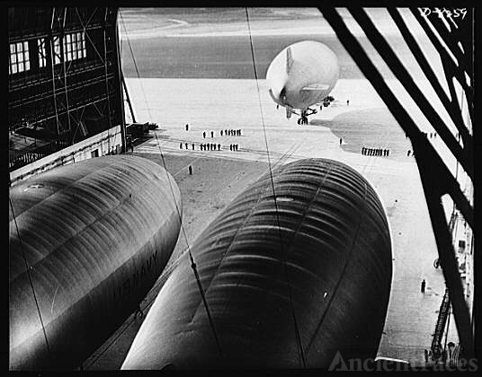 U.S. Navy starts out on patrol duty. A blimp of the U.S....