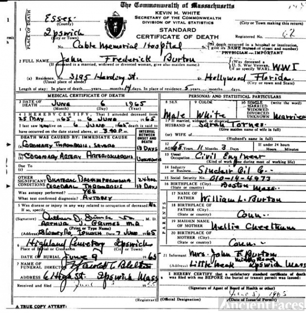 Death Certificate of John Frederick Burton