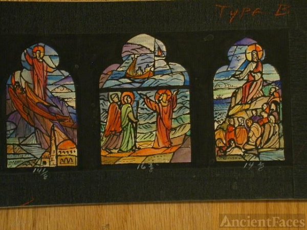 [Design drawing for stained glass window with 3 parts:...