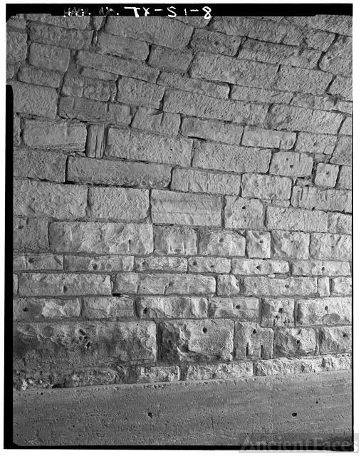 STONE WORK ON UNDERSIDE OF CENTER ARCH, LOOKING NW.