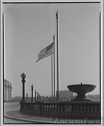 Flags. Three flagpoles and one flag at Union Station