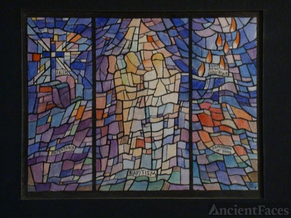 [Design drawing for stained glass window with text...