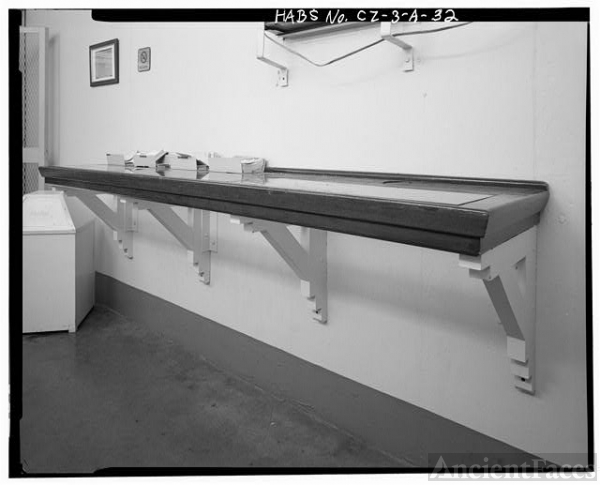 Interior view of post office writing ledge, facing south....