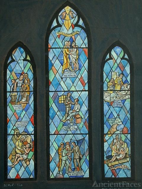 [Design drawing for stained glass window showing The...