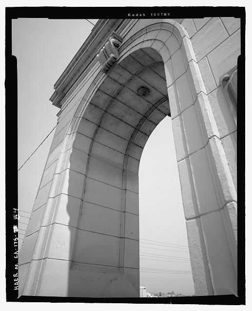 Detail of northeast arch abutment pylon from deck, facing...