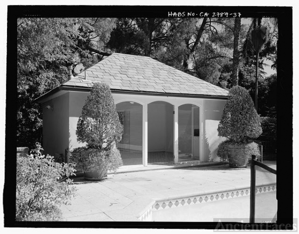 Exterior, north side pool house view, facing southwest