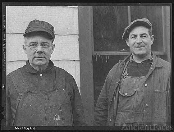 Portrait of two workers at the Bath Iron Works. Bath, Maine