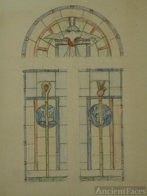 [Design drawing for stained glass window with 3-lights;...