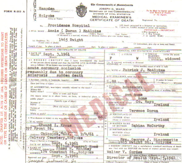 Annie Doran-McAlpine - Death Certificate