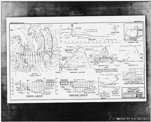 47. BARTLETT DAM, PLAN, ELEVATIONS AND SECTIONS. April...