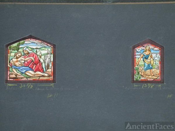 [Design drawing for stained glass with Good Samaritan]
