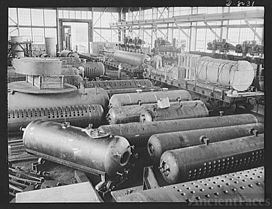 Production. Steam power plant equipment. Looking down a...