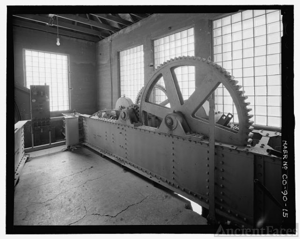 Oblique view, looking southwest, of roller gate hoist...