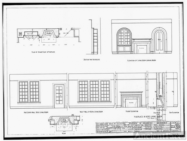 32. Plan of Bookcase and Fireplace / Section thru...