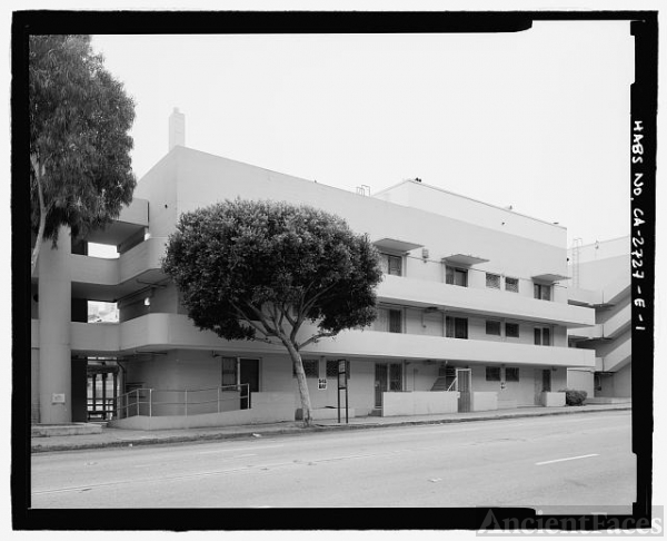 Exterior oblique view of north side of Building 5, from...