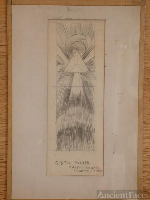 [Design drawing for stained glass window with text "God...