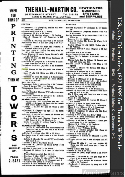 Thomas William Pender Sr --U.S., City Directories, 1822-1995(1942)
