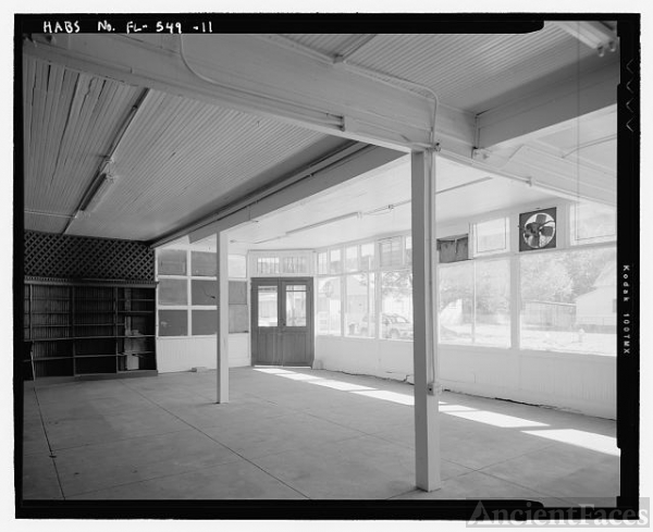 Detail of ceiling beams and open floor plan, facing...