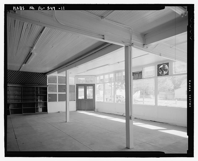 Detail of ceiling beams and open floor plan, facing...