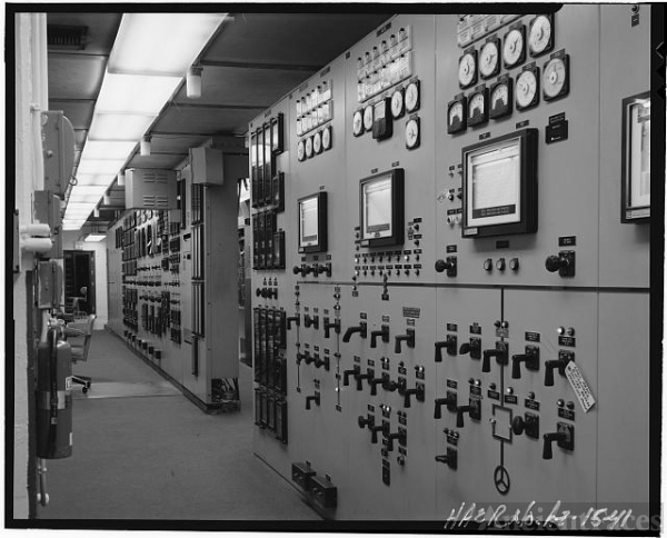 41. VIEW OF CONTROL BOARD AT HORSE MESA DAM POWER PLANT,...