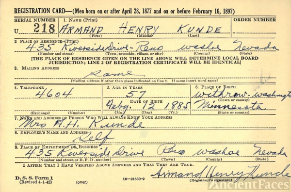 World War II Draft Registration Card 1942 - Armand Henry Kunde