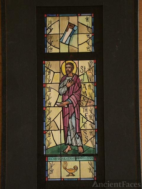 [Design drawing for stained glass window with St James...