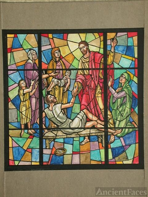 [Design drawing for stained glass window showing Miracle...