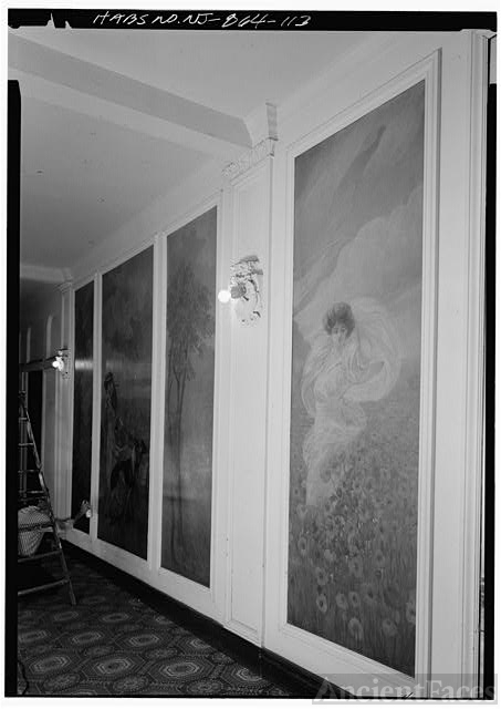 113. DETAIL OF WALL PAINTINGS IN THE GROUND FLOOR HALLWAY...