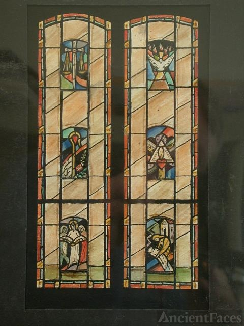 [Design drawing for stained glass two-window with symbols...