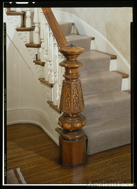 Interior view, detail view in Entrance Hall, newel post...