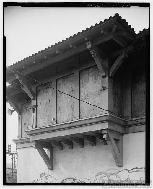 7. NORTHEAST FACADE, DETAIL, BAY WINDOW, FROM BELOW AND...