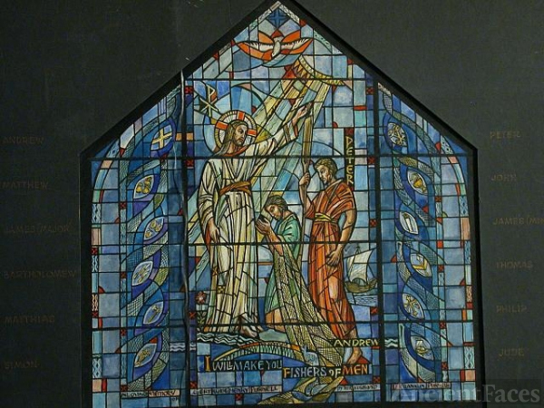 [Design drawing for stained glass window with text, mid...