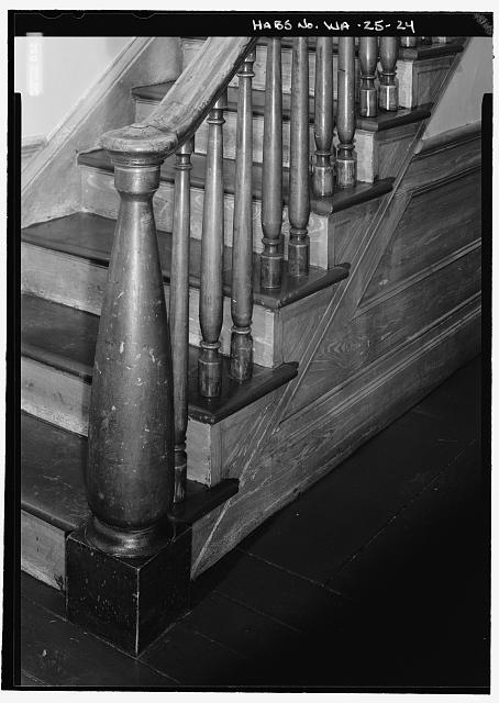 Detail of newel post and balustrade, first floor,...