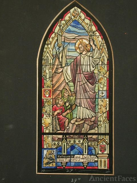 [Design drawing for stained glass window with "Follow Me...