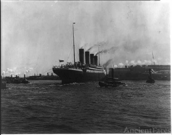 [The S.S. OLYMPIC, 1911: Tugs maneuvering ship into pier,...