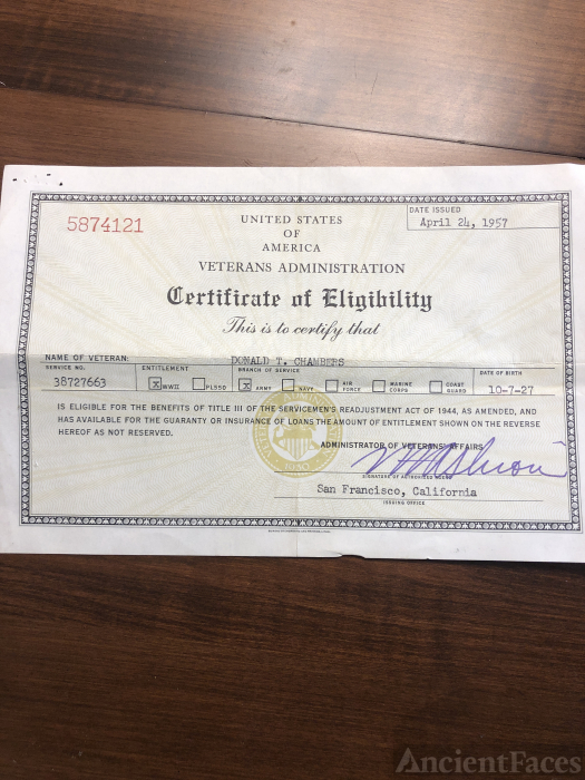 Veterans Administration certificate of eligibility